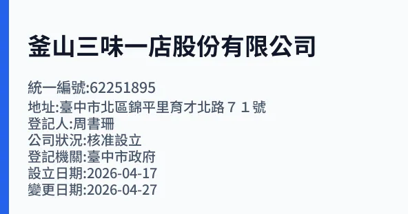 釜山三味一店股份有限公司的照片-統編 62251895(臺中市) 公司登記資料與營業項目詳細圖表