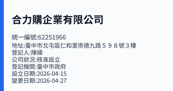 合力購企業有限公司的照片-統編 62251966(臺中市) 公司登記資料與營業項目詳細圖表