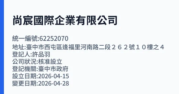 尚宸國際企業有限公司的照片-統編 62252070(臺中市) 公司登記資料與營業項目詳細圖表