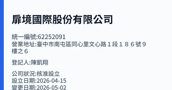 扉境國際股份有限公司的照片-統編 62252091(臺中市) 公司登記資料與營業項目詳細圖表