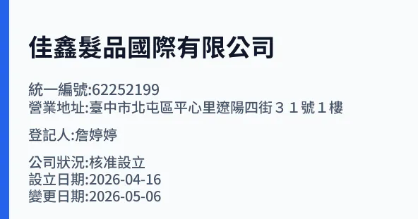 佳鑫髮品國際有限公司的照片-統編 62252199(臺中市) 公司登記資料與營業項目詳細圖表