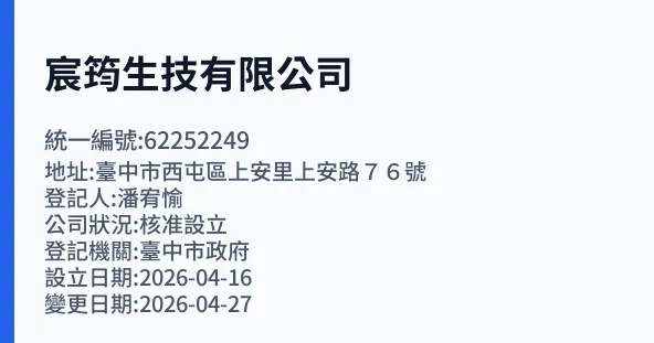 宸筠生技有限公司的照片-統編 62252249(臺中市) 公司登記資料與營業項目詳細圖表
