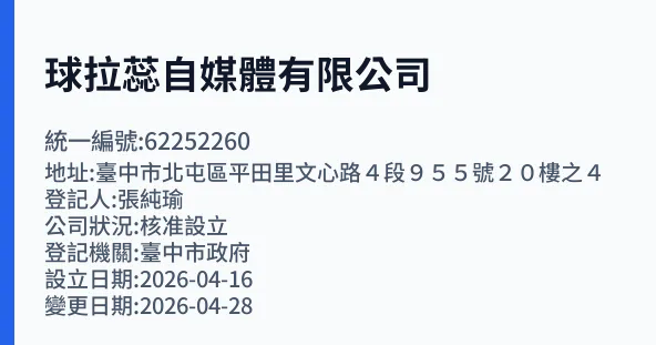 球拉蕊自媒體有限公司的照片-統編 62252260(臺中市) 公司登記資料與營業項目詳細圖表