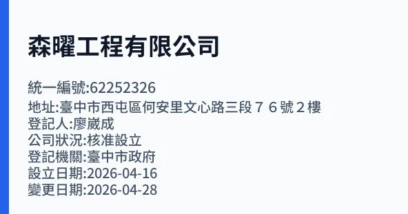 森曜工程有限公司的照片-統編 62252326(臺中市) 公司登記資料與營業項目詳細圖表