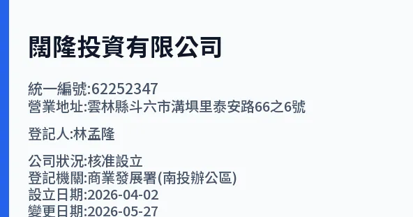 闊隆投資有限公司的照片-統編 62252347(雲林縣) 公司登記資料與營業項目詳細圖表