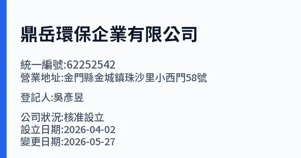鼎岳環保企業有限公司的照片-統編 62252542(金門縣) 公司登記資料與營業項目詳細圖表