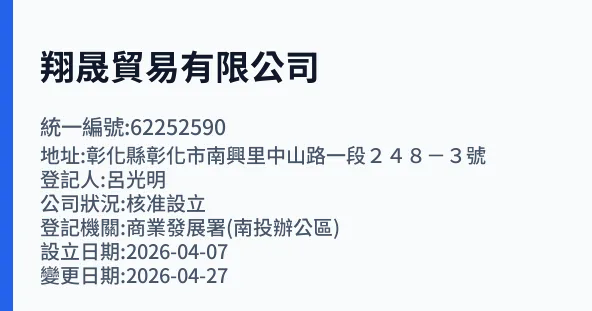 翔晟貿易有限公司的照片-統編 62252590(彰化縣) 公司登記資料與營業項目詳細圖表