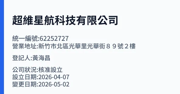 超維星航科技有限公司的照片-統編 62252727(新竹市) 公司登記資料與營業項目詳細圖表