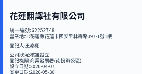 花蓮翻譯社有限公司的照片-統編 62252748(花蓮縣) 公司登記資料與營業項目詳細圖表