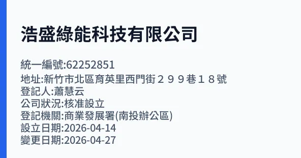 浩盛綠能科技有限公司的照片-統編 62252851(新竹市) 公司登記資料與營業項目詳細圖表