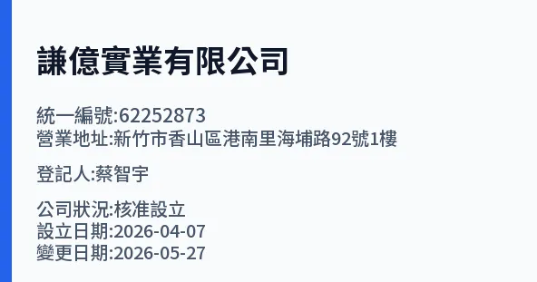 謙億實業有限公司的照片-統編 62252873(新竹市) 公司登記資料與營業項目詳細圖表