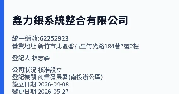 鑫力銀系統整合有限公司的照片-統編 62252923(新竹市) 公司登記資料與營業項目詳細圖表