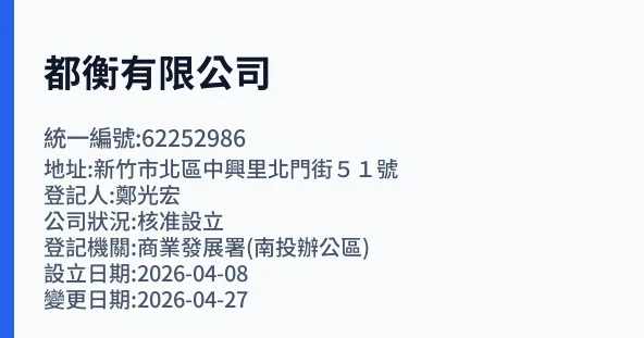 都衡有限公司的照片-統編 62252986(新竹市) 公司登記資料與營業項目詳細圖表