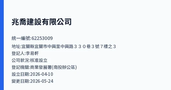 兆喬建設有限公司的照片-統編 62253009(宜蘭縣) 公司登記資料與營業項目詳細圖表