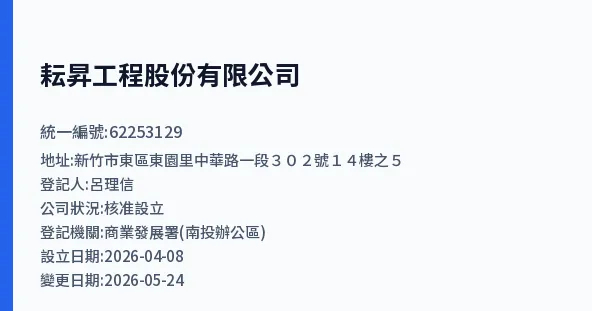 耘昇工程股份有限公司的照片-統編 62253129(新竹市) 公司登記資料與營業項目詳細圖表