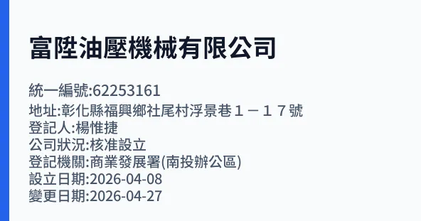 富陞油壓機械有限公司的照片-統編 62253161(彰化縣) 公司登記資料與營業項目詳細圖表