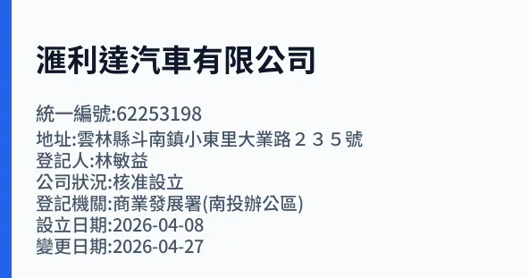 滙利達汽車有限公司的照片-統編 62253198(雲林縣) 公司登記資料與營業項目詳細圖表