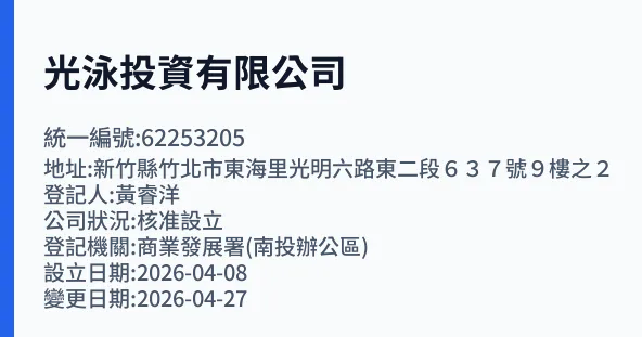 光泳投資有限公司的照片-統編 62253205(新竹縣) 公司登記資料與營業項目詳細圖表