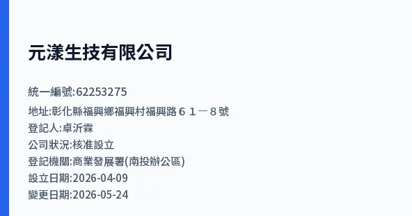 元漾生技有限公司的照片-統編 62253275(彰化縣) 公司登記資料與營業項目詳細圖表