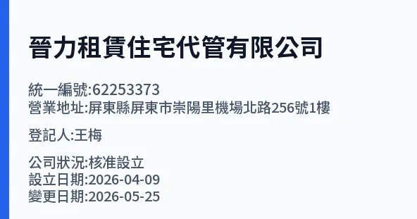 晉力租賃住宅代管有限公司的照片-統編 62253373 公司登記資料與營業項目詳細圖表
