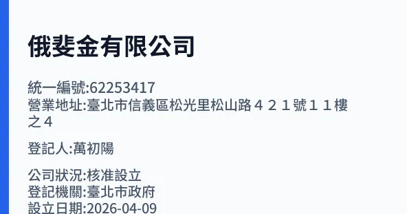 俄斐金有限公司的照片-統編 62253417(臺北市) 公司登記資料與營業項目詳細圖表