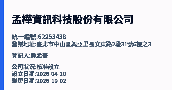 孟樺資訊科技股份有限公司的照片-統編 62253438 公司登記資料與營業項目詳細圖表