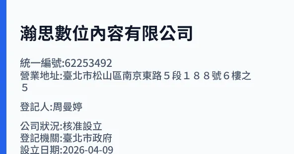 瀚思數位內容有限公司的照片-統編 62253492(臺北市) 公司登記資料與營業項目詳細圖表