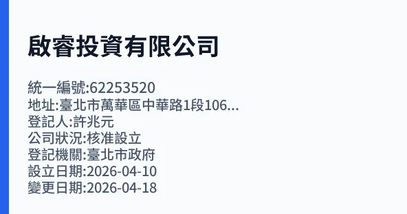 啟睿投資有限公司的照片-統編 62253520(臺北市) 公司登記資料與營業項目詳細圖表