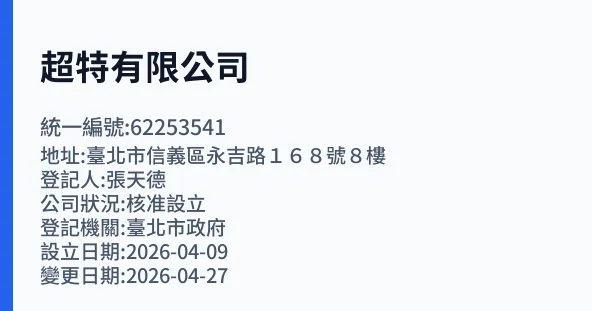 超特有限公司的照片-統編 62253541(臺北市) 公司登記資料與營業項目詳細圖表