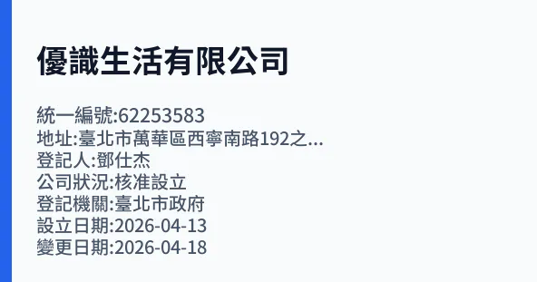 優識生活有限公司的照片-統編 62253583(臺北市) 公司登記資料與營業項目詳細圖表