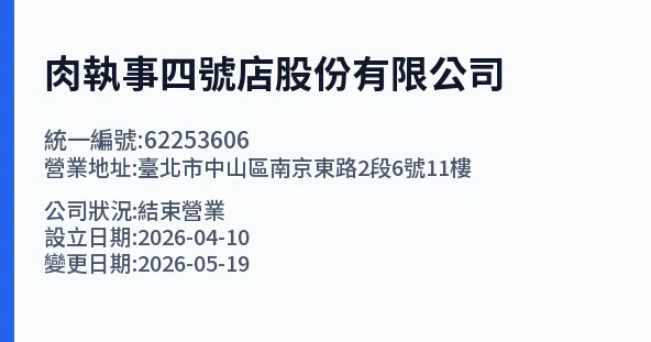 肉執事四號店股份有限公司的照片-統編 62253606(臺北市) 公司登記資料與營業項目詳細圖表