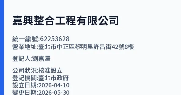 嘉興整合工程有限公司的照片-統編 62253628(臺北市) 公司登記資料與營業項目詳細圖表