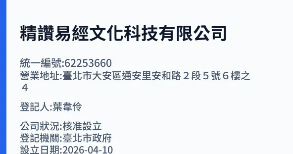 精讚易經文化科技有限公司的照片-統編 62253660(臺北市) 公司登記資料與營業項目詳細圖表
