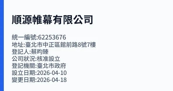 順源帷幕有限公司的照片-統編 62253676(臺北市) 公司登記資料與營業項目詳細圖表