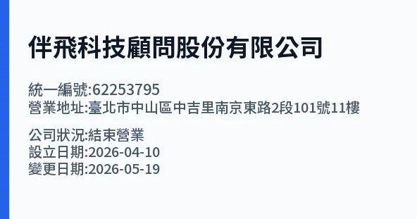 伴飛科技顧問股份有限公司的照片-統編 62253795(臺北市) 公司登記資料與營業項目詳細圖表
