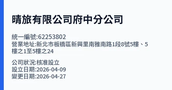 晴旅有限公司府中分公司的照片-統編 62253802(新北市) 公司登記資料與營業項目詳細圖表
