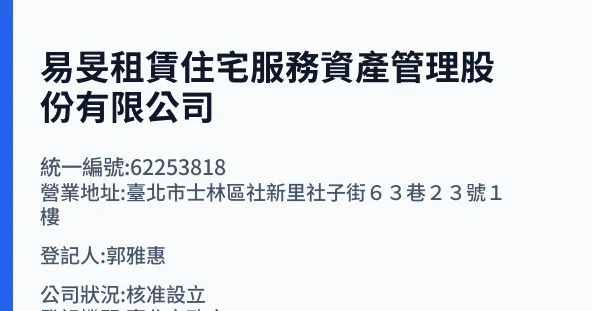 易旻租賃住宅服務資產管理股份有限公司的照片-統編 62253818(臺北市) 公司登記資料與營業項目詳細圖表