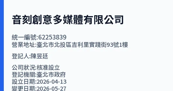 音刻創意多媒體有限公司的照片-統編 62253839(臺北市) 公司登記資料與營業項目詳細圖表