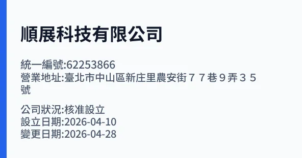 順展科技有限公司的照片-統編 62253866(臺北市) 公司登記資料與營業項目詳細圖表