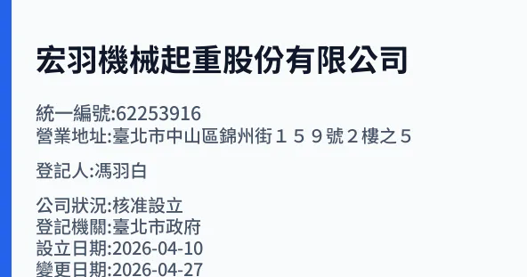 宏羽機械起重股份有限公司的照片-統編 62253916(臺北市) 公司登記資料與營業項目詳細圖表