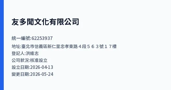 友多聞文化有限公司的照片-統編 62253937(臺北市) 公司登記資料與營業項目詳細圖表