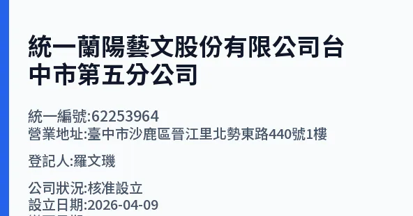 統一蘭陽藝文股份有限公司台中市第五分公司的照片-統編 62253964(臺中市) 公司登記資料與營業項目詳細圖表