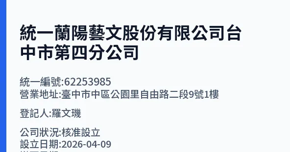 統一蘭陽藝文股份有限公司台中市第四分公司的照片-統編 62253985(臺中市) 公司登記資料與營業項目詳細圖表