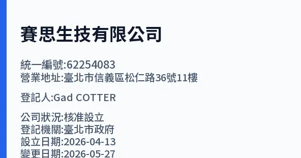 賽思生技有限公司的照片-統編 62254083(臺北市) 公司登記資料與營業項目詳細圖表