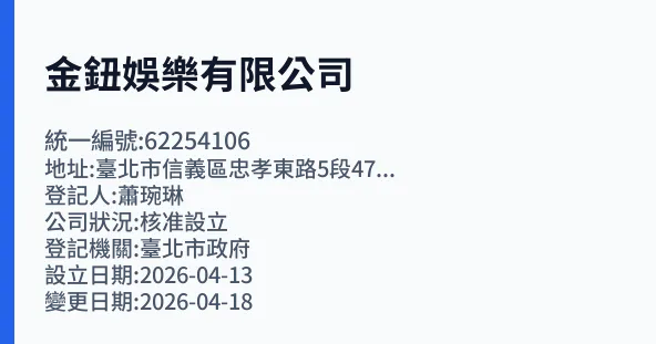 金鈕娛樂有限公司的照片-統編 62254106(臺北市) 公司登記資料與營業項目詳細圖表