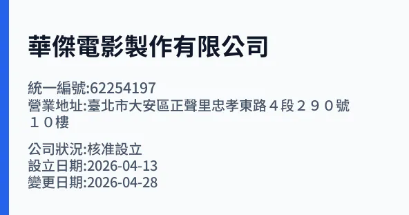 華傑電影製作有限公司的照片-統編 62254197(臺北市) 公司登記資料與營業項目詳細圖表