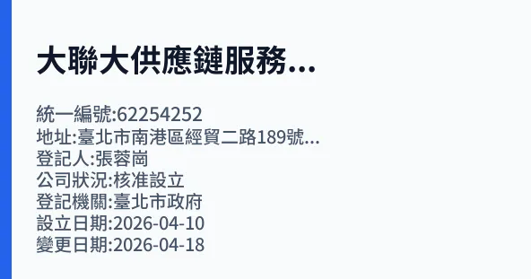 大聯大供應鏈服務股份有限公司的照片-統編 62254252(臺北市) 公司登記資料與營業項目詳細圖表
