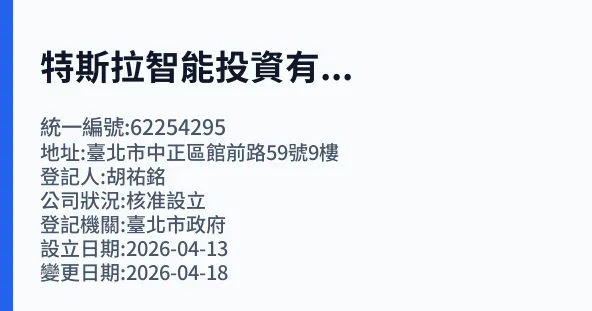 特斯拉智能投資有限公司的照片-統編 62254295(臺北市) 公司登記資料與營業項目詳細圖表