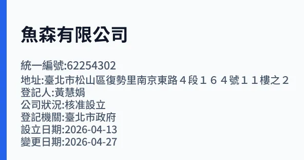 魚森有限公司的照片-統編 62254302(臺北市) 公司登記資料與營業項目詳細圖表