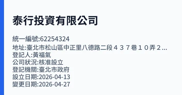 泰行投資有限公司的照片-統編 62254324(臺北市) 公司登記資料與營業項目詳細圖表